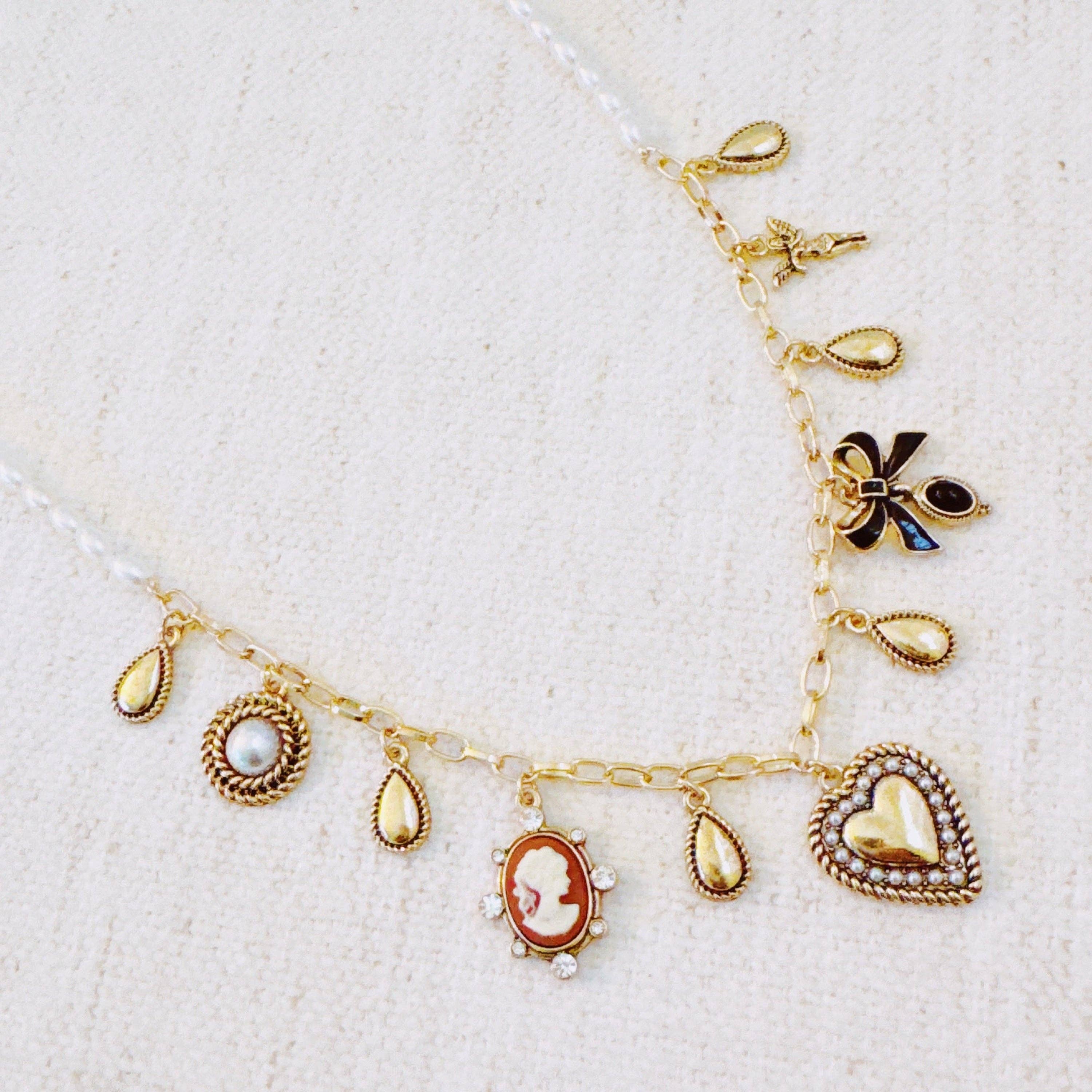 Heart & Cameo Charm Necklace – Romantic Gold Chain with Bow and Vintag ...